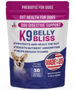 pup labs k9 belly bliss, all-natural gut health for dogs, vet approved prebiotic for dogs for daily digestive support and dog constipation relief, easy to use topper for dry and wet food, 30 scoops.