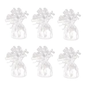 beistle white metallic plastic wrapped balloon weights for birthday parties, weddings, anniversaries, table décor, celebrating with you since 1900, 5.5" x 2.5", 6 piece