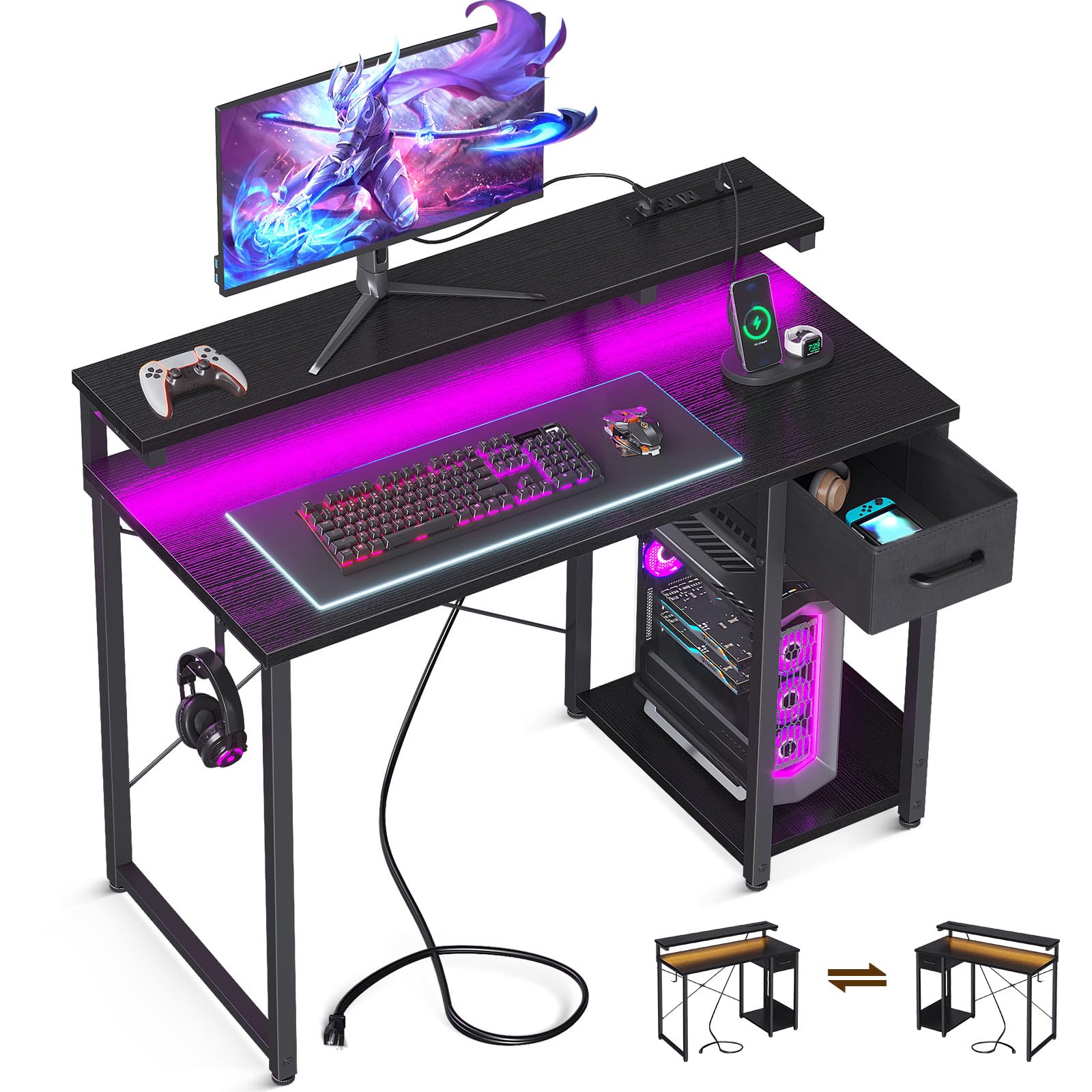 AODK Gaming Desk with LED Lights & Power Outlet, 40 Inch Computer Desk with Drawer, Reversible Desk with Adjustable Monitor Shelf & Headphone Hook for Home Office, Black