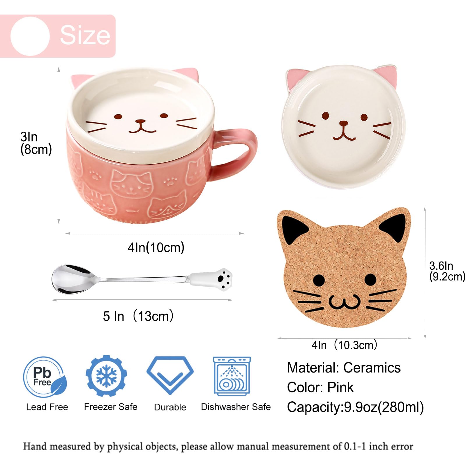 BigNoseDeer Cute Cat Mug Kawaii Tea Cup Pink Ceramic Coffee Mug with lid,Tea Cups and Saucers Cute Cool Preppy Stuff Cute Gifts Cat Gifts for women Cat Lovers Christmas Gifts 10oz