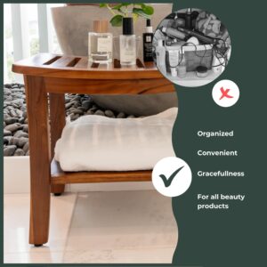 Teak Shower Bench - Fully Assembled 21 Inch Shower Stool with Shelf | Water Resistant Shower Benches for Inside Shower to Sit On | Shower Seat, Bathroom Bench, Spa, Garden | Adjustable Non-Slip Feet