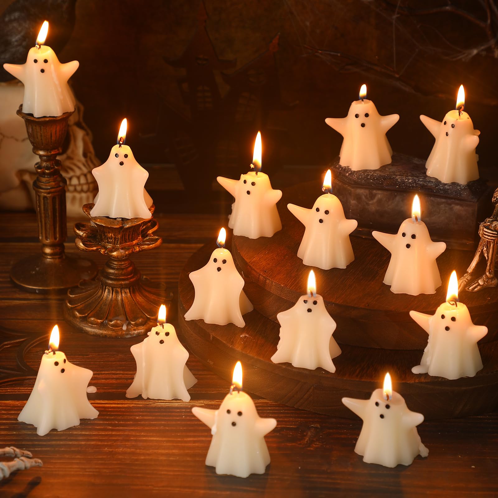 MTLEE 24 Pcs Halloween Ghost Candles White Tea Lights Candles Unscented White Horror Spooky Tea Lights Candles Set Soy Wax Decorative Tabletop Candle for Halloween Party Home Bedroom Decoration