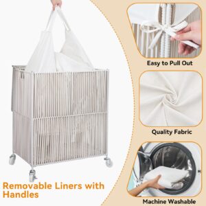 WOWLIVE Laundry Hamper with Wheels, Handwoven Rolling Laundry Basket with Lid, Clothes Hamper with Divided Removable Liner Bag, 115L Large Capacity Laundry Sorter Laundry Room Organization, White