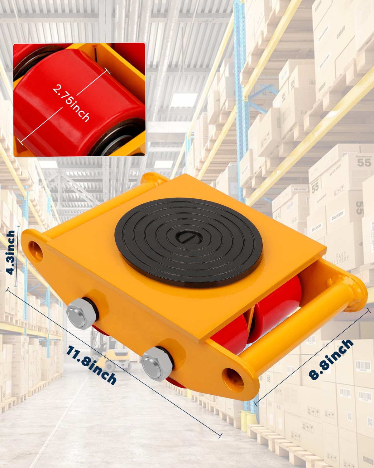 FAHKNS Machinery Moving Skate Heavy Duty Machinery Skates Cargo Mover 6T Machine Skates with 360° Rotation Cap 4 PU Rollers for Heavy Duty Industrial Moving Equipment(Yellow)