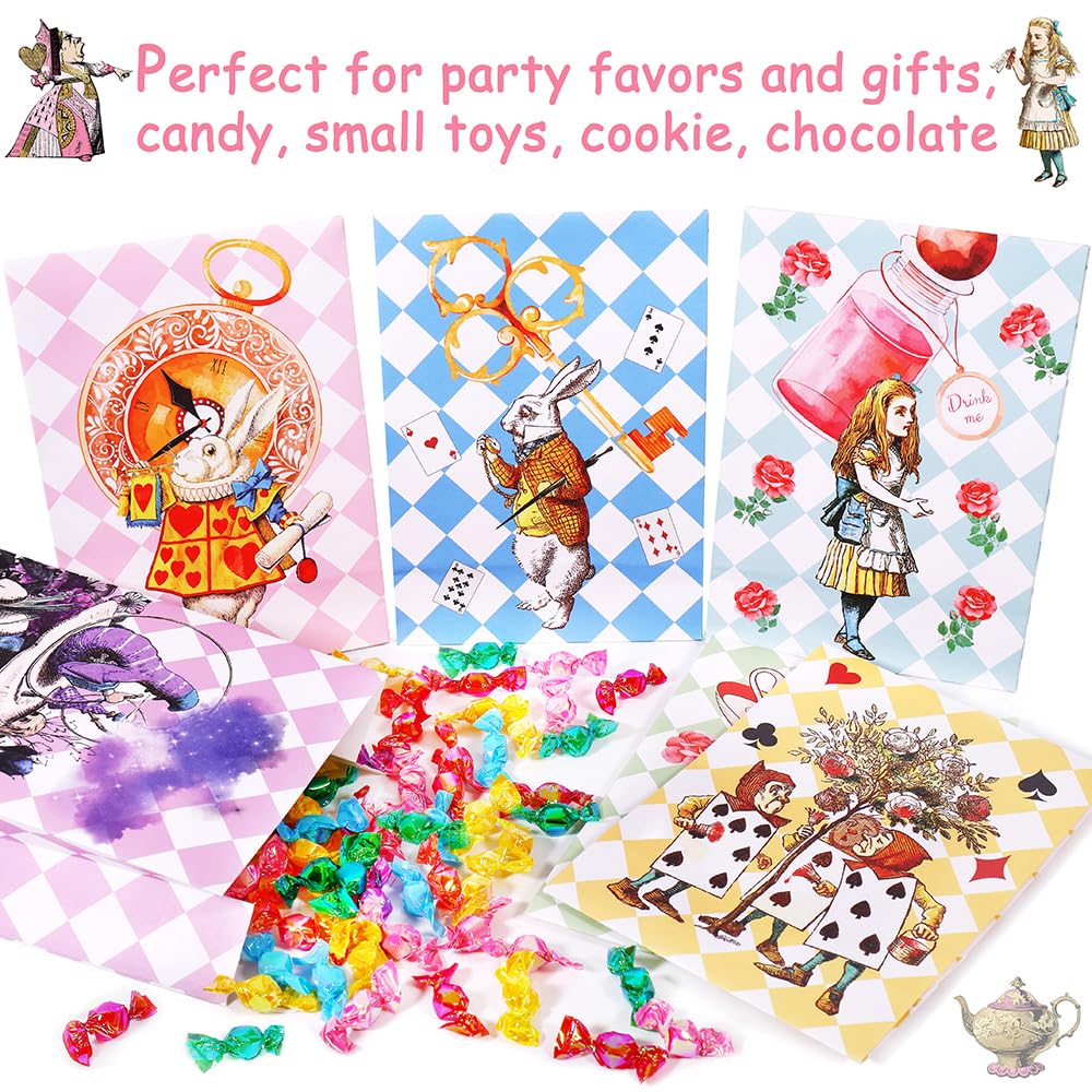 Htabiol Alice in Wonderland Gift Bags For Party, 24Pcs Alice in Wonderland Goodie Bags, Alice in Wonderland Party Favors Bags, Fit for Alice in Onederland 1st Birthday, Mad Hatter Tea Party Decor