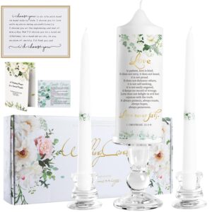 extrogif 3 unity wedding candles set with candle holder for ceremony set, glass candlesticks and pillar taper candles - catholic bible religious weddings accessories