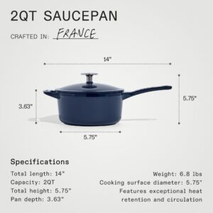 Made In Cookware - 2 Quart Enameled Cast Iron Saucepan with Lid - Harbour Blue - Hand-Enameled Cast Iron - Professional Cookware - Crafted in France - Induction Compatible