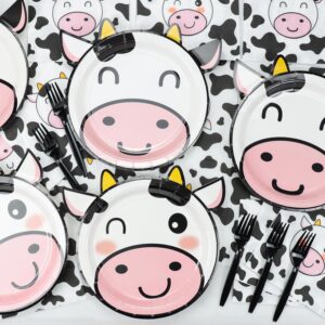 81 Pcs Cow Print Party Supplies, 40 Pcs Cow Shape Party Plates, 20 Cow Pattern Napkins, 20 Pcs Forks, 1 Pcs Cow Print Table Cover for Girl Boy Kid Birthday, Baby Shower, Farm Animal Theme Party