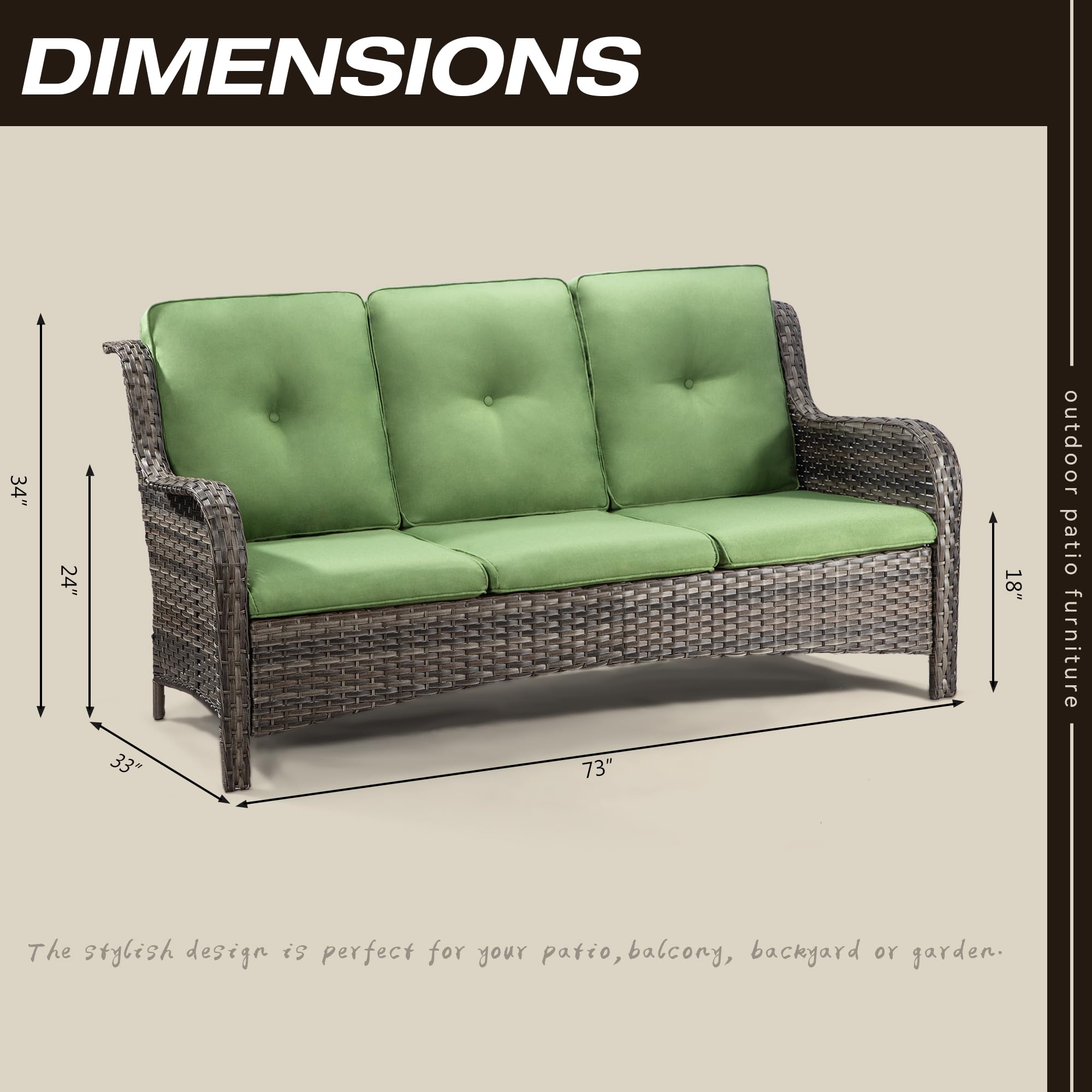 MeetLeisure Outdoor Patio Couch Wicker Sofa - 3 Seater Rattan Sofa for Outside Patio Garden with Deep Seating and Olefin Cushions(Mixed Grey/Green)