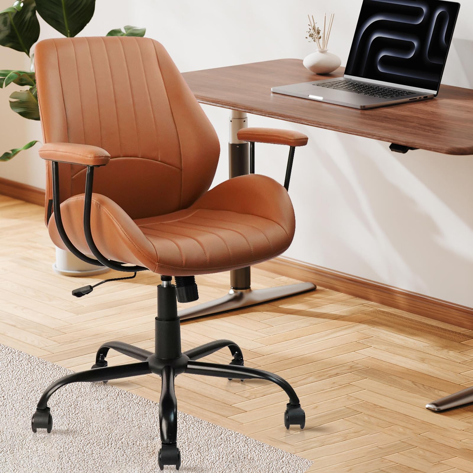 CLATINA Ergonomic Home Office Chair PU Leather Desk Chair with Wheels, Mid Century Modern Swivel Rolling Computer Task Chair with Armrests and Lumbar Support, Brown 400lbs