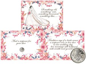 asvp shop authentic sixpence coin with card & envelope for the bride - something old, something new, something borrowed, something blue, and a sixpence for her shoe