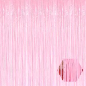 3 pack macaron pink foil fringe curtain backdrop, 3.28ft x 8.2ft metallic tinsel foil fringe streamer curtains for photo booth, valentine's day, christmas day, new year, wedding party decorations