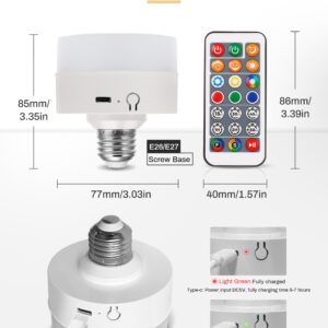 Rechargeable Battery Operated Light Bulb [2 Pack], Bright Rechargeable Light Bulbs, 3600mAh, 110lm, E26 Socket, Multiple Colors, Remote Control Puck Emergency Lamp,Timer,Dimmer,for Non-Hardwired