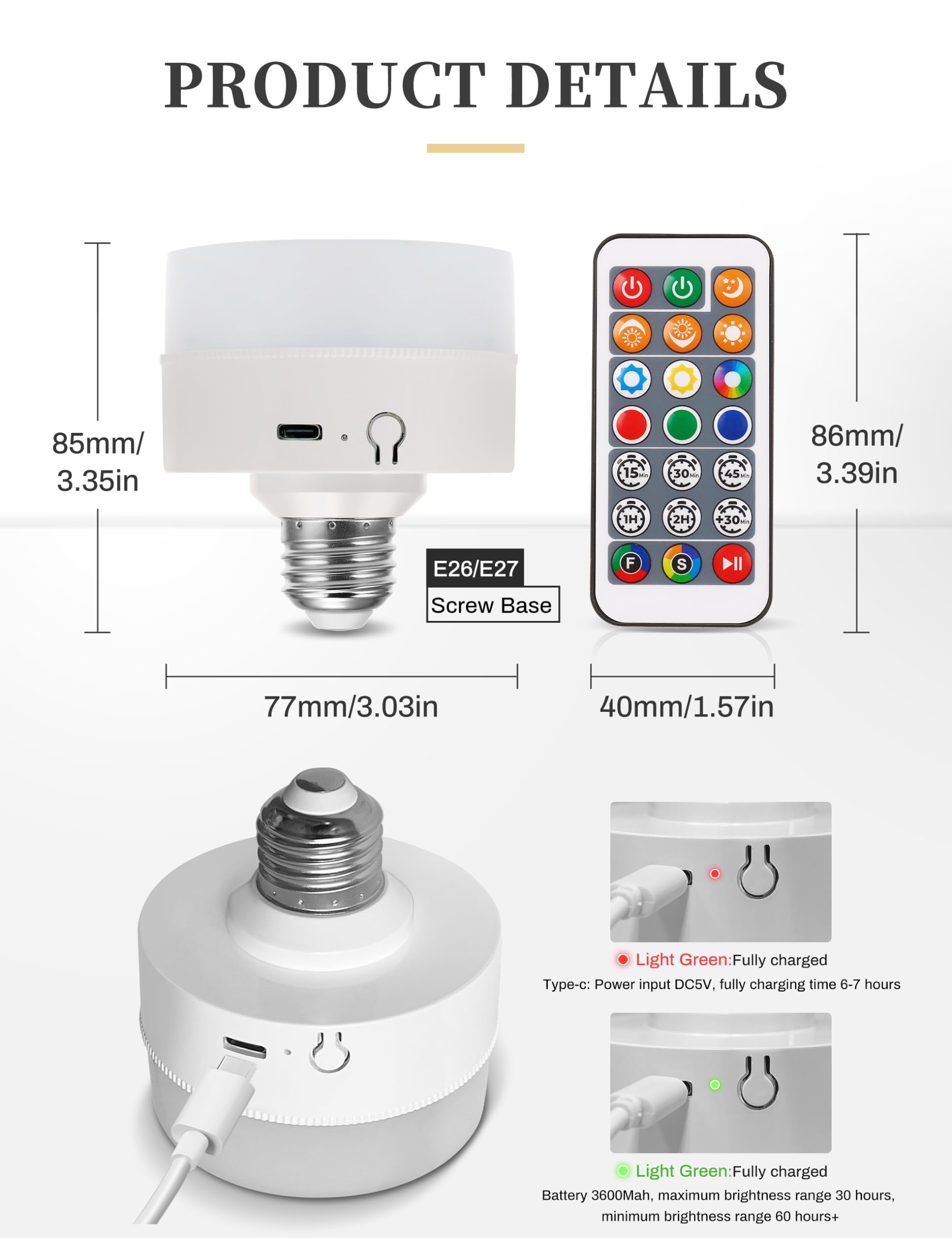 Rechargeable Battery Operated Light Bulb [2 Pack], Bright Rechargeable Light Bulbs, 3600mAh, 110lm, E26 Socket, Multiple Colors, Remote Control Puck Emergency Lamp,Timer,Dimmer,for Non-Hardwired