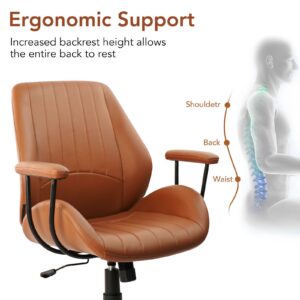 CLATINA Ergonomic Home Office Chair PU Leather Desk Chair with Wheels, Mid Century Modern Swivel Rolling Computer Task Chair with Armrests and Lumbar Support, Brown 400lbs