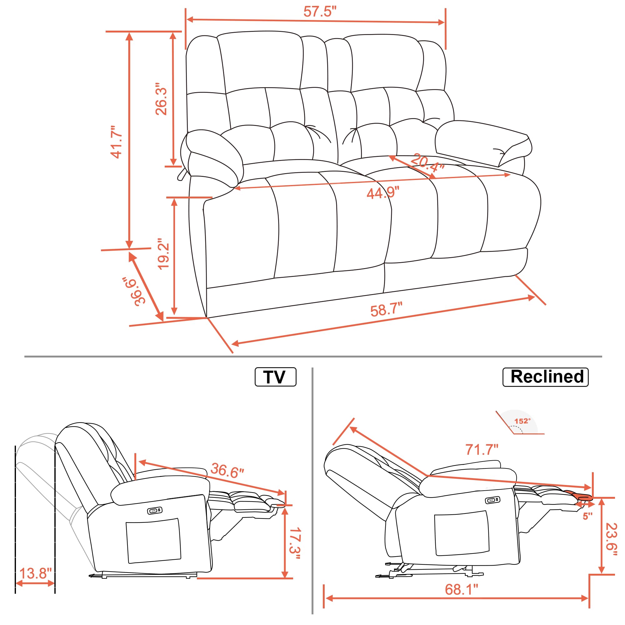 MCombo 58.7" Power Loveseat Recliner, Electric Reclining Loveseat Sofa with Heat and Massage, USB Charge Port for Living Room 6237 (Dark Brown, Loveseat Recliner)