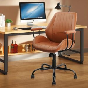 CLATINA Ergonomic Home Office Chair PU Leather Desk Chair with Wheels, Mid Century Modern Swivel Rolling Computer Task Chair with Armrests and Lumbar Support, Brown 400lbs