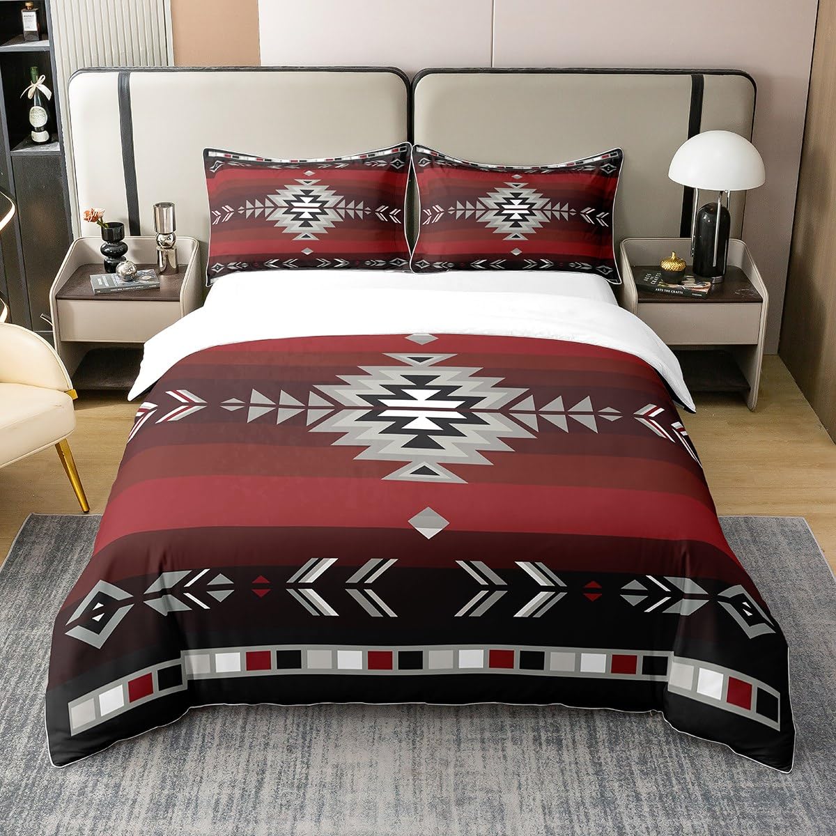 King Size 100% Cotton Southwest Native Design Duvet Cover Southwestern Geometric Bedding Set Ultra Soft Tribal Comforter Cover Set Red Grey Bedspread Cover Room Decor Bedclothes Zipper