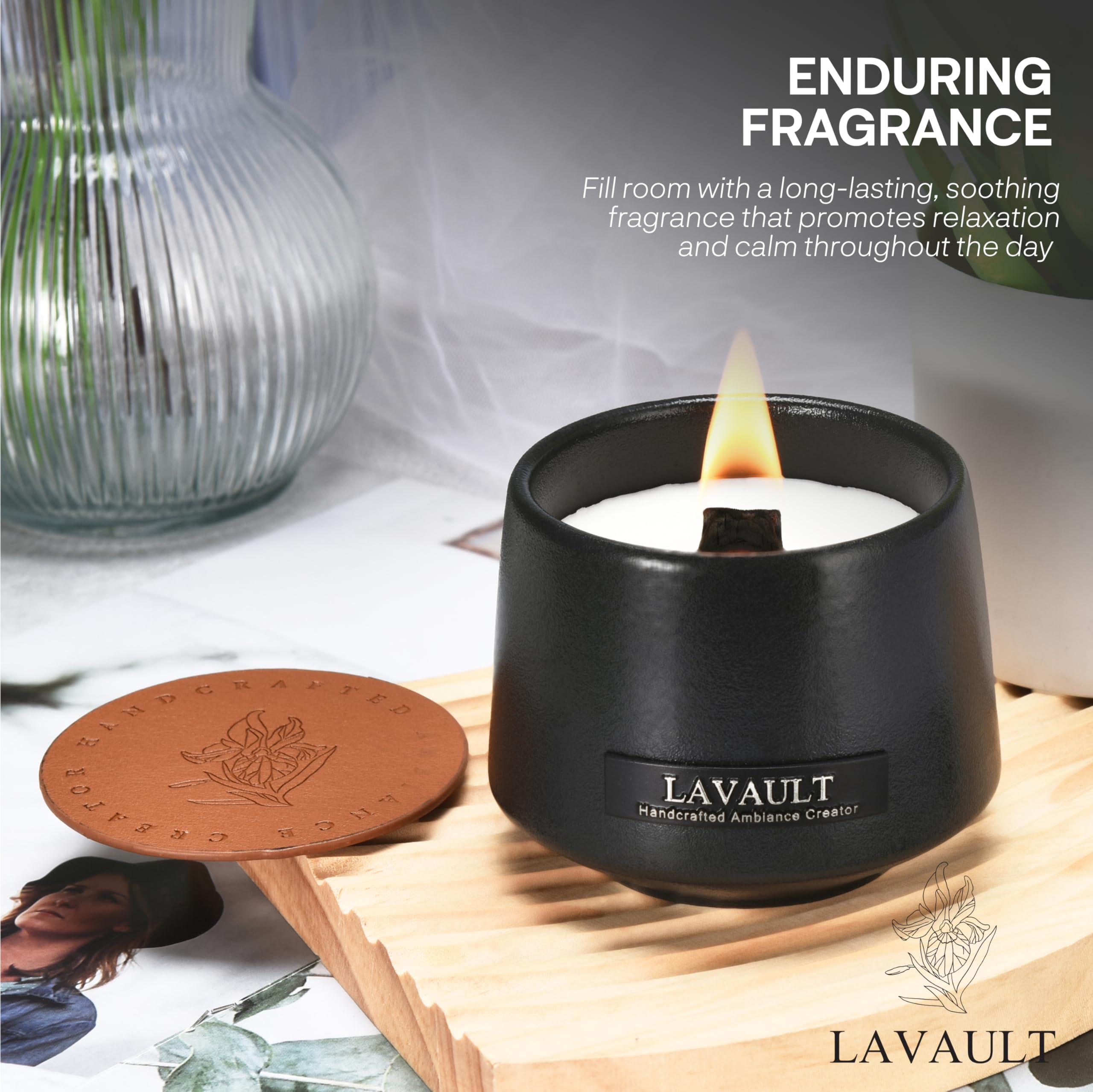 Lavault Stone Jar Candles - Long-Lasting Burn Time - Made from Natural Soy Wax and Essential Oils - Paraffin-Free - Ideal for Home or Office - Decorative Candles - Black Gift Candles - Floral Aroma