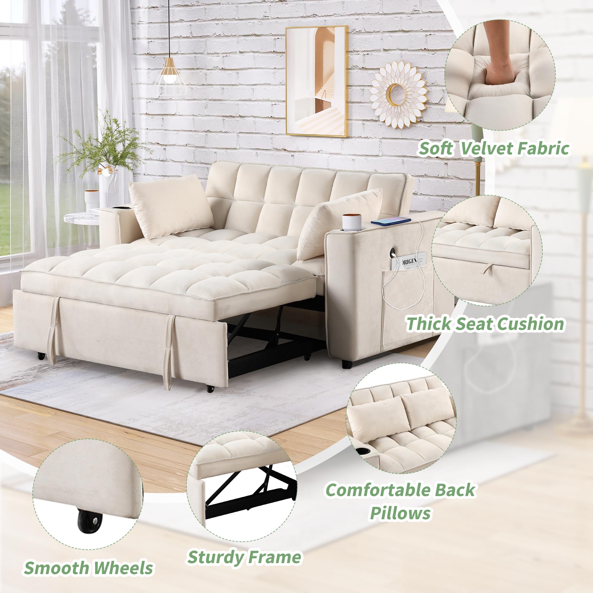 P PURLOVE Convertible Sleeper Sofa Bed, Velvet Loveseat Sofa Couch, Adjustable Backrest, Pull-Out Bed with Cup Holder and USB Port for Living Room or Apartments (Milky White)