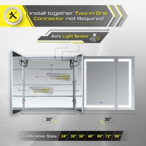 DECADOM LED Mirror Medicine Cabinet Recessed or Surface, Dimmer, Clock, Room Temp Display, Dual Outlets (Duna 30x32)