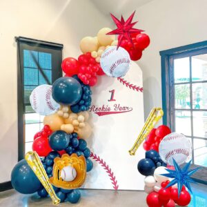 Baseball Theme Balloon Garland Arch Kit 126Pcs navy blue red black white and almond with foil star balloons for Sports rookie year 1st birthday party baseball baby shower supplies decorations