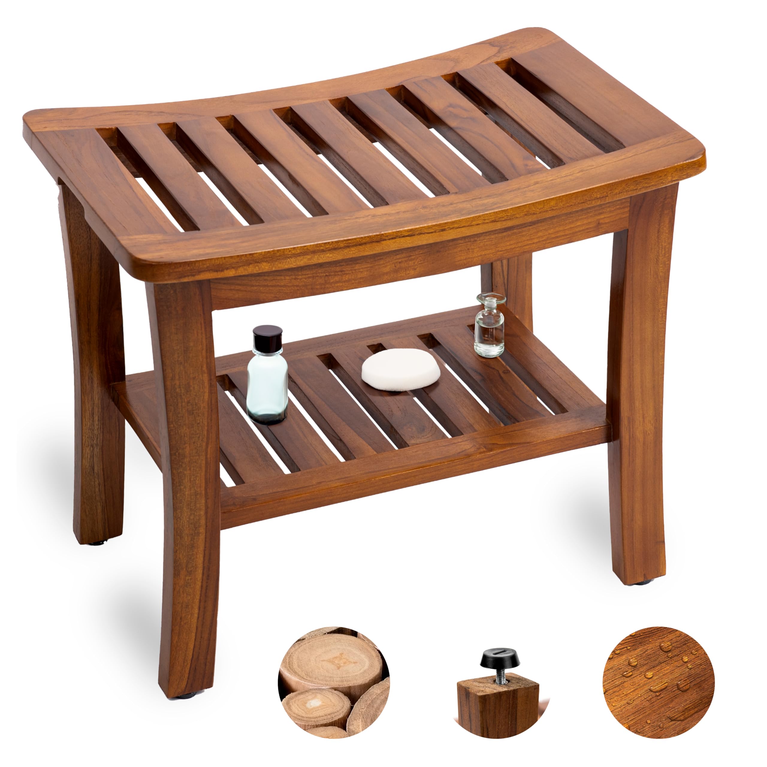 Teak Shower Bench - Fully Assembled 21 Inch Shower Stool with Shelf | Water Resistant Shower Benches for Inside Shower to Sit On | Shower Seat, Bathroom Bench, Spa, Garden | Adjustable Non-Slip Feet