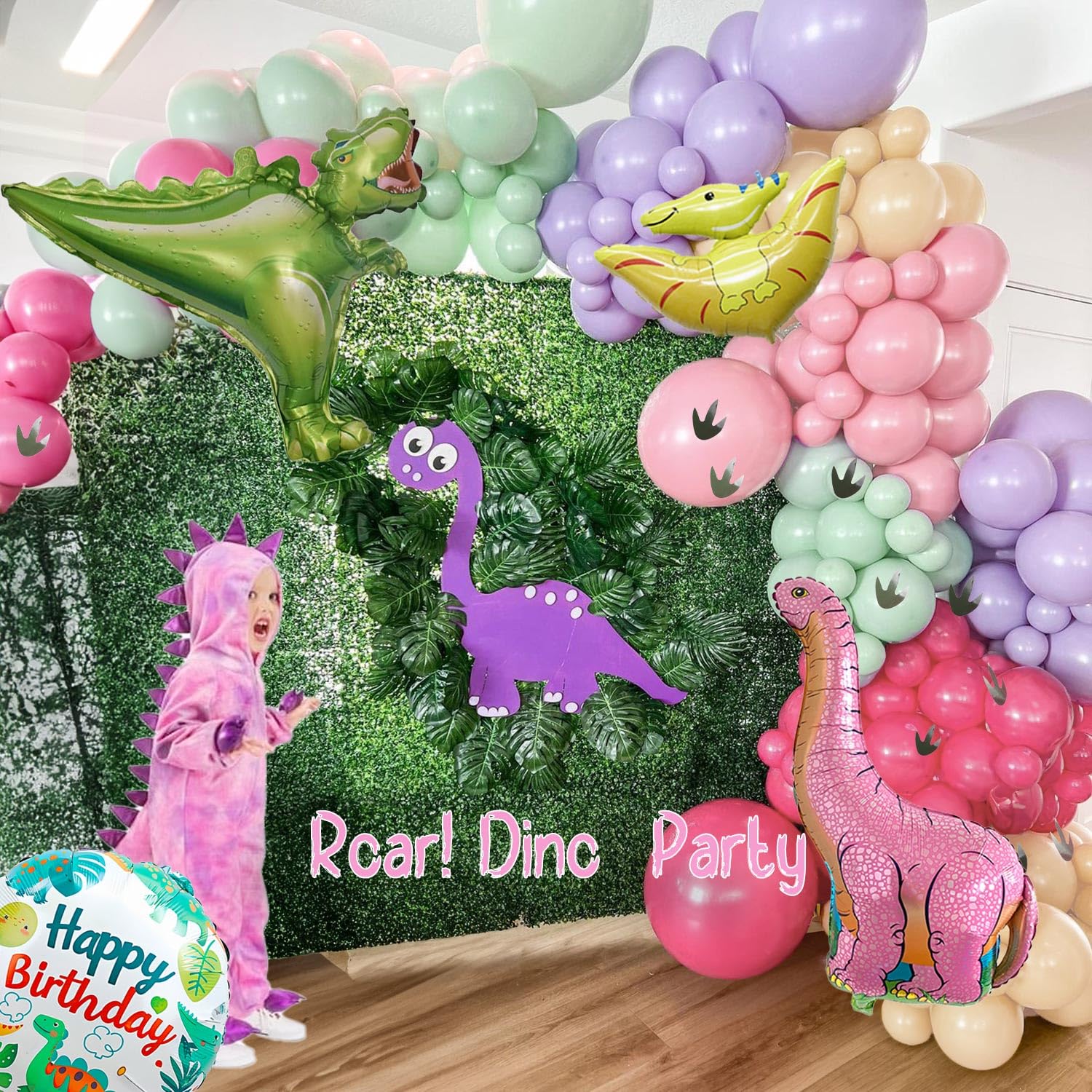 Pink Dinosaur balloon garland kit 150pcs Pastel Pink green Purple balloon and Foil Dinosaur balloon & footprint sticker for Girl Dino theme birthday Baby Shower decorations