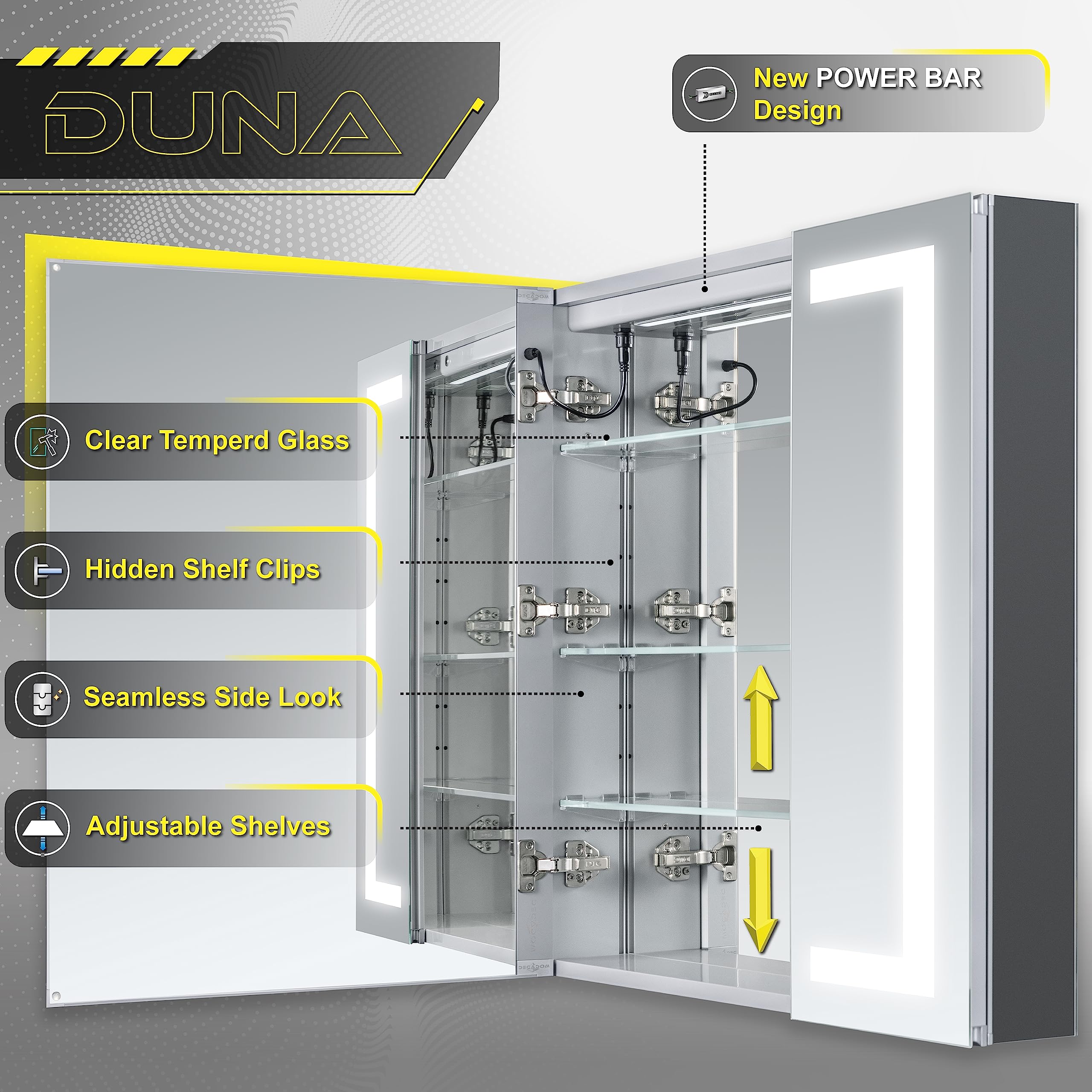 DECADOM LED Mirror Medicine Cabinet Recessed or Surface, Dimmer, Clock, Room Temp Display, Dual Outlets (Duna 30x32)