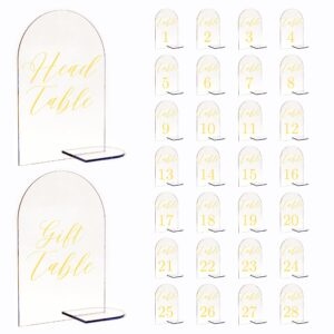 tanther 30 sets acrylic table numbers, gold printed caligraphy lettering, arch signs & stands, (numbers 1 - 28, head table, and gift table signs- 30 total), 4 x 6 inch size, for weddings, receptions,