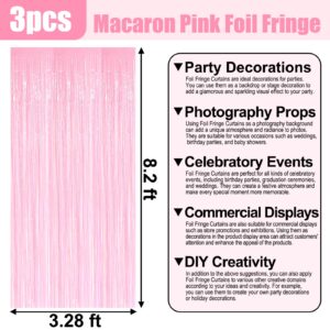 3 Pack Macaron Pink Foil Fringe Curtain Backdrop, 3.28Ft x 8.2Ft Metallic Tinsel Foil Fringe Streamer Curtains for Photo Booth, Valentine's Day, Christmas Day, New Year, Wedding Party Decorations