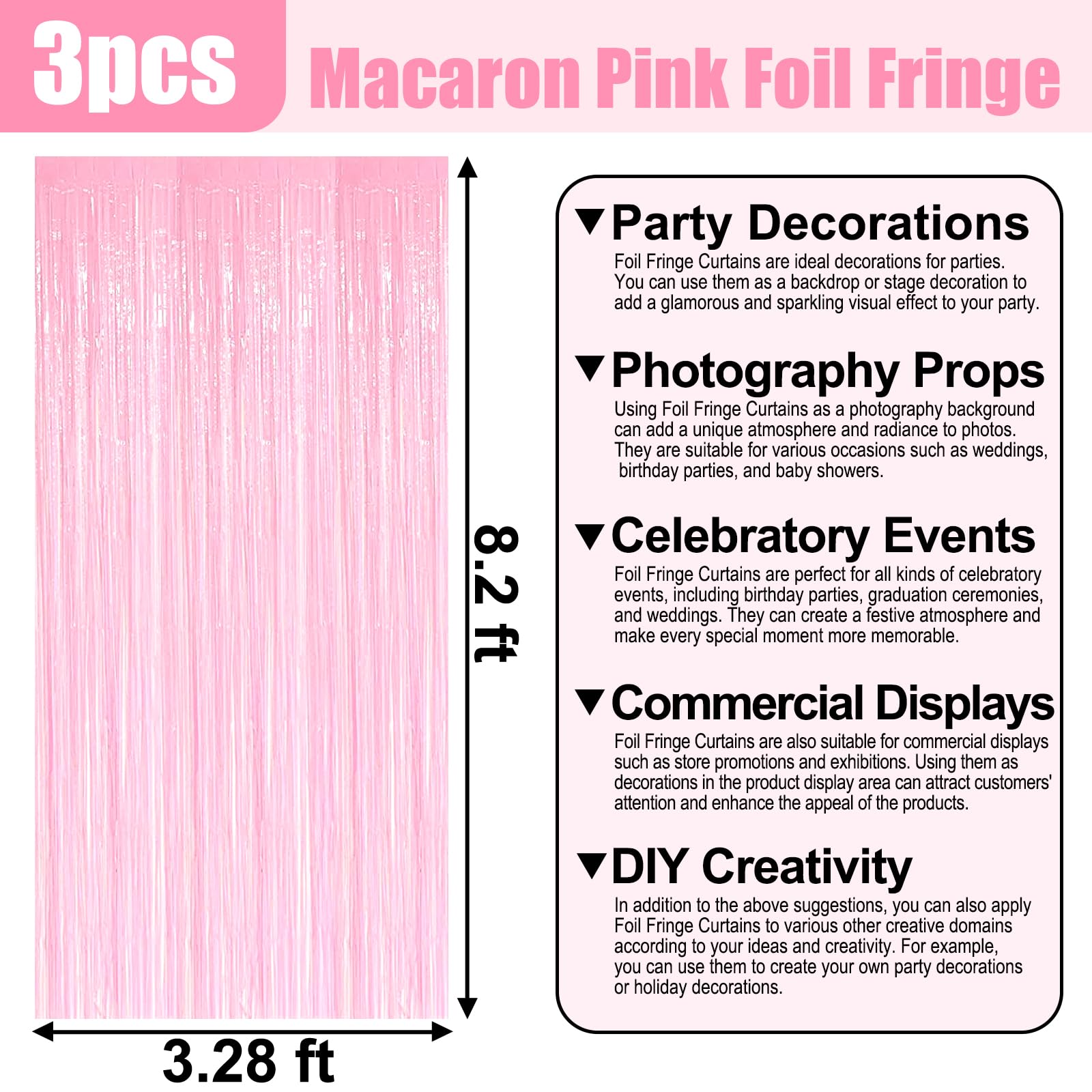 3 Pack Macaron Pink Foil Fringe Curtain Backdrop, 3.28Ft x 8.2Ft Metallic Tinsel Foil Fringe Streamer Curtains for Photo Booth, Valentine's Day, Christmas Day, New Year, Wedding Party Decorations