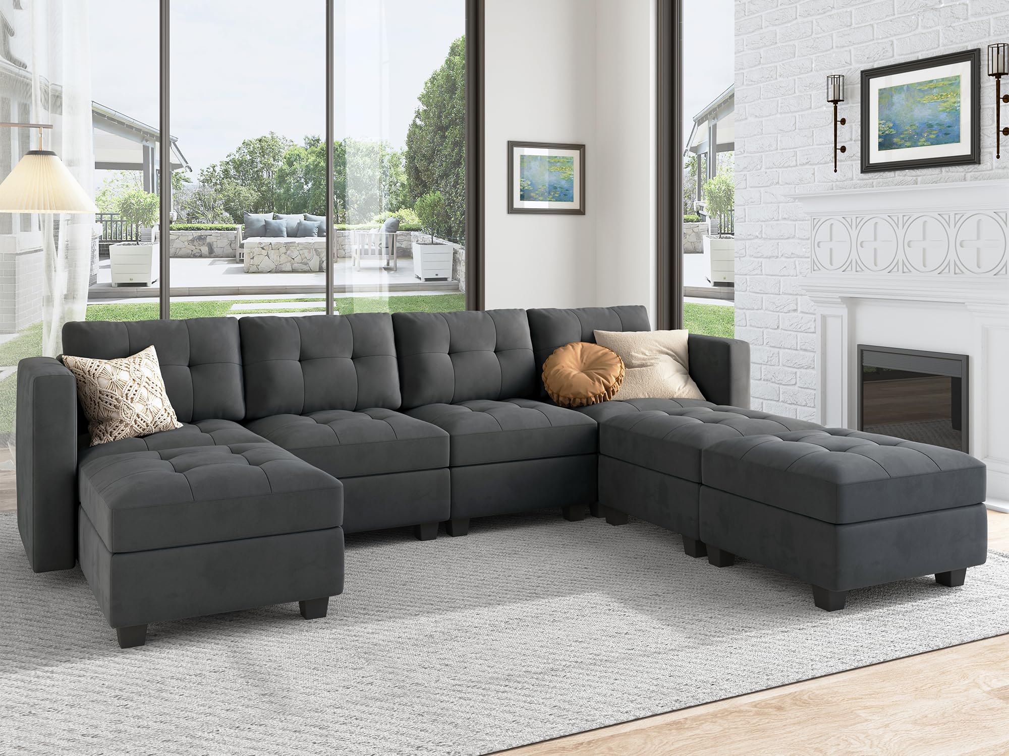 HONBAY Modular Sectional Sofa Oversized U Shaped Couch with Storage Seat Velvet 7 Seater Modular Sofa with Reversible Chaises, Bluish Grey