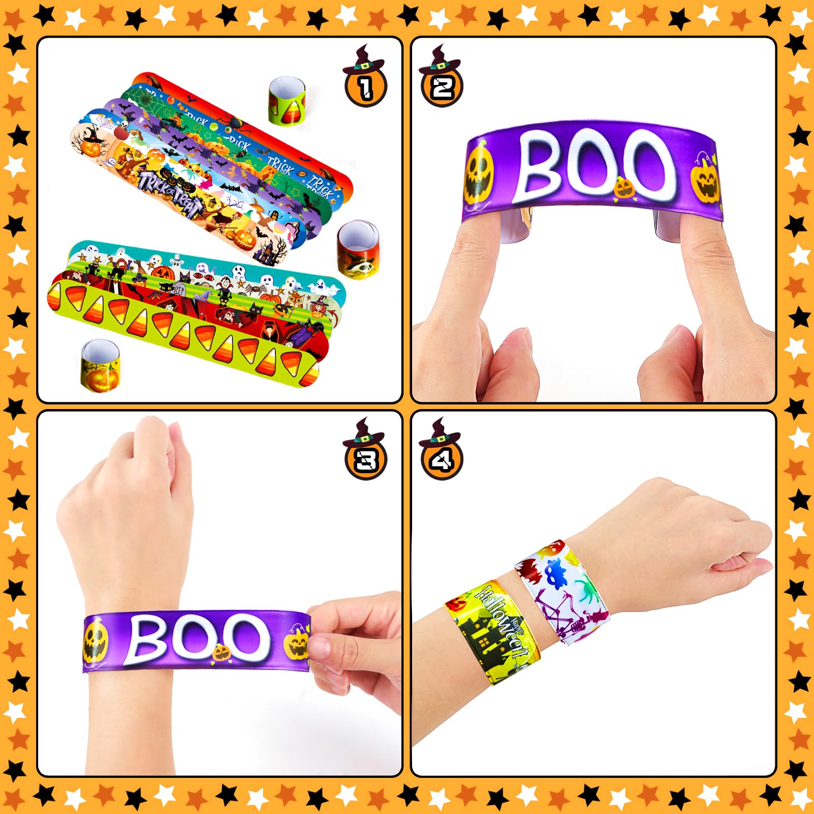 Halloween Slap Bracelets for Kids, 100 Halloween Bracelet Toys Bulk For Kids Girls Boys, Trick or Treat Party Favors, Exchanging Gifts, Classroom Prizes, Halloween Party Gift Treat Bag Filler Supply