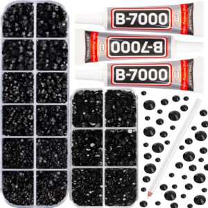 b7000 glue with 7500pcs black rhinestones for crafts clothes clothing fabric, shiny black flatback crystals for shoes shirt cloth bows,flat back diamonds set bedazzle gems kit jewels 2-5mm 4 sizes mix