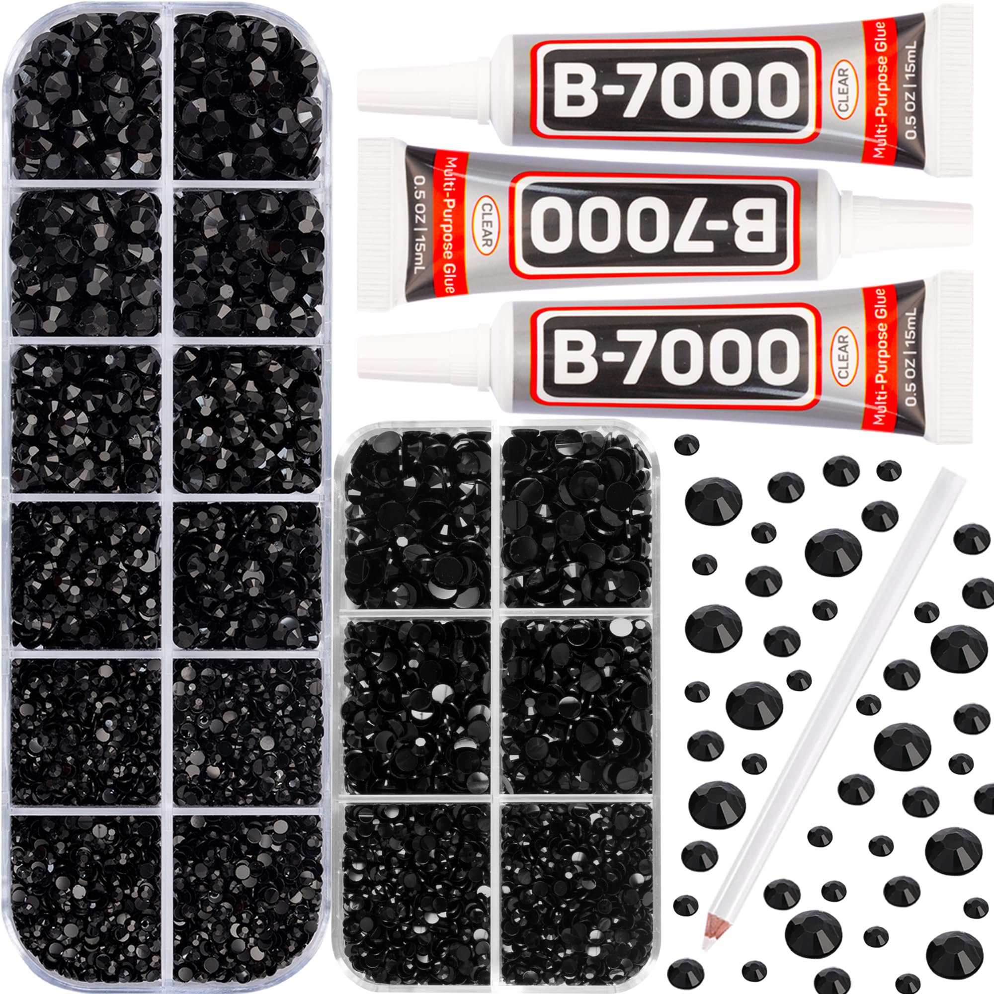 b7000 Glue with 7500Pcs Black Rhinestones for Crafts Clothes Clothing Fabric, Shiny Black Flatback Crystals for Shoes Shirt Cloth Bows,Flat Back Diamonds Set Bedazzle Gems kit Jewels 2-5mm 4 Sizes Mix