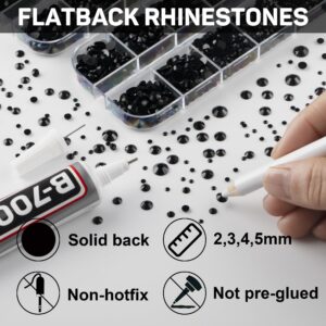 b7000 Glue with 7500Pcs Black Rhinestones for Crafts Clothes Clothing Fabric, Shiny Black Flatback Crystals for Shoes Shirt Cloth Bows,Flat Back Diamonds Set Bedazzle Gems kit Jewels 2-5mm 4 Sizes Mix