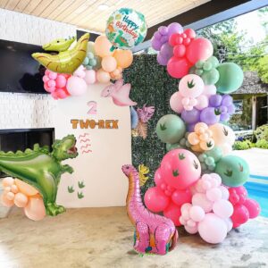 pink dinosaur balloon garland kit 150pcs pastel pink green purple balloon and foil dinosaur balloon & footprint sticker for girl dino theme birthday baby shower decorations