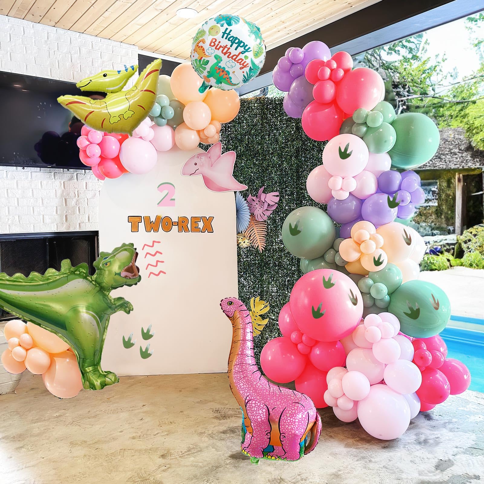 Pink Dinosaur balloon garland kit 150pcs Pastel Pink green Purple balloon and Foil Dinosaur balloon & footprint sticker for Girl Dino theme birthday Baby Shower decorations