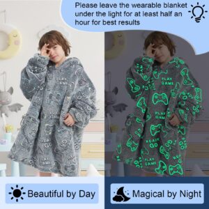 Fiosnow Glow in the Dark Game Controller Blanket Hoodies for Kids 6-13YR Oversize Wearable Blanket Hoodies for Boys Girls Teens