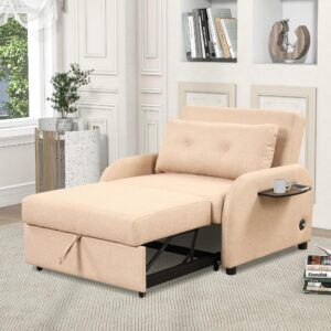 p purlove 3 in 1 linen sleeper sofa couch bed, modern convertible sleeper sofa bed, small sofa bed with 2 wing table side pocket and usb charge for living room, apartment, beige