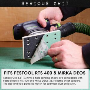 Serious Grit - 3" x 5" (80mm x 133mm) 14-Hole Sanding Sheet Assortment - 80, 120, 150, 180, 220 Grit (10 of Each) - Fits Festool RTS 400 & Mirka Deos 353 - Hook & Loop Sandpaper - 50 Pack Box