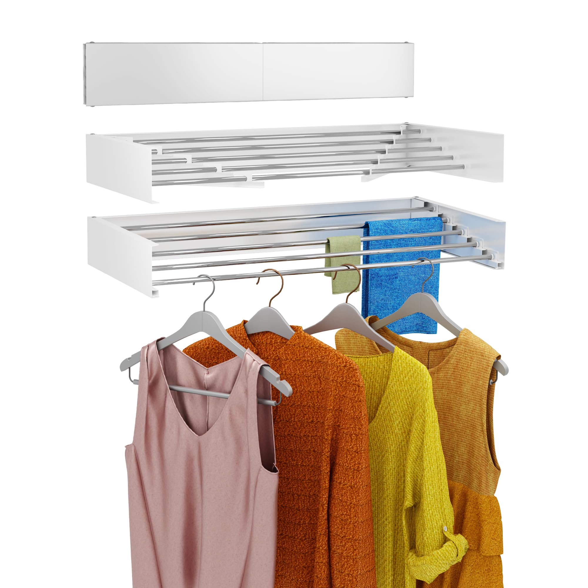 GLDDAO Wall Drying Rack,Wall Mounted Clothes Drying Rack,Wall Mounted Clothes Drying Rack 40" Wide 13.2 Linear Ft 5 Aluminum Rods 60 lb Capacity(White 40‘’)