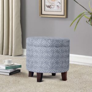 HomePop Upholstered Round Storage Ottoman Home Décor|Upholstered Round Foot Rest Ottoman -Blue Indigo Print Large