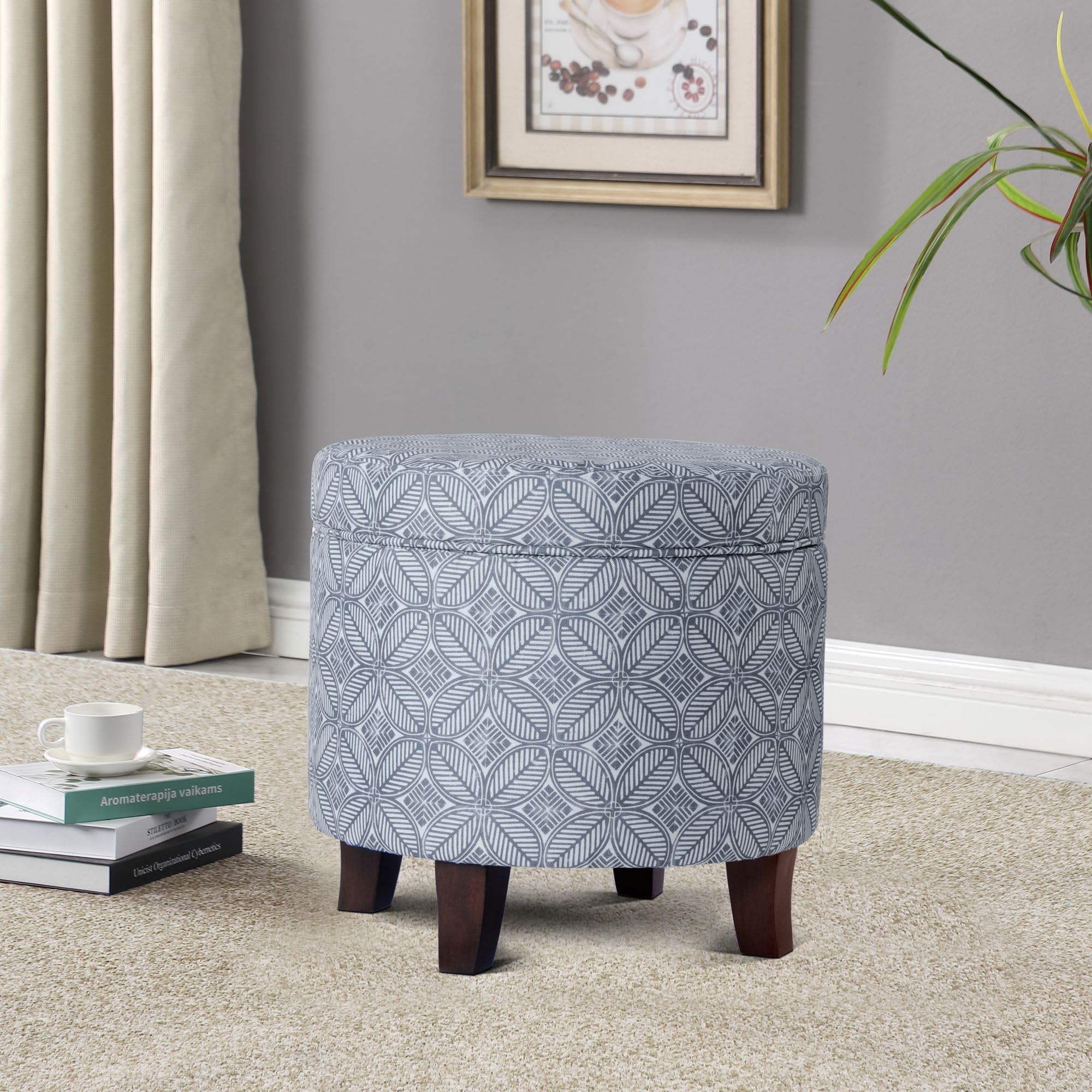 HomePop Upholstered Round Storage Ottoman Home Décor|Upholstered Round Foot Rest Ottoman -Blue Indigo Print Large