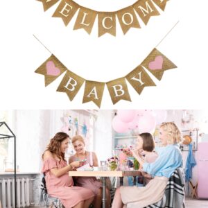 Shimmer Anna Shine Welcome Baby Burlap Banner for Baby Shower Decorations and Gender Reveal Party (Light Pink Hearts)