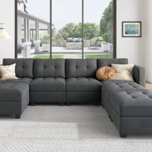 HONBAY Modular Sectional Sofa Oversized U Shaped Couch with Storage Seat Velvet 7 Seater Modular Sofa with Reversible Chaises, Bluish Grey