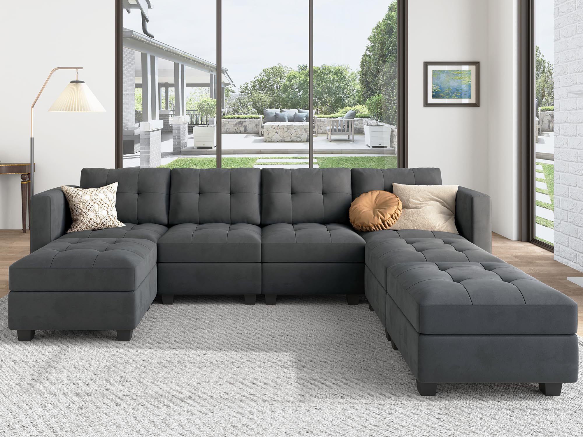 HONBAY Modular Sectional Sofa Oversized U Shaped Couch with Storage Seat Velvet 7 Seater Modular Sofa with Reversible Chaises, Bluish Grey