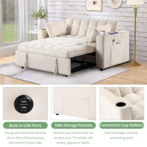 P PURLOVE Convertible Sleeper Sofa Bed, Velvet Loveseat Sofa Couch, Adjustable Backrest, Pull-Out Bed with Cup Holder and USB Port for Living Room or Apartments (Milky White)