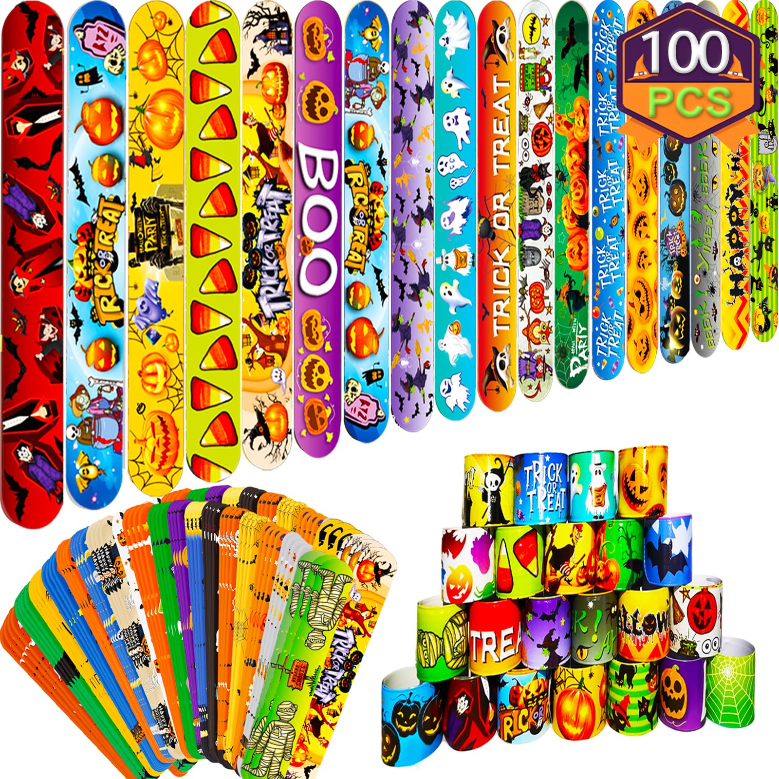 Halloween Slap Bracelets for Kids, 100 Halloween Bracelet Toys Bulk For Kids Girls Boys, Trick or Treat Party Favors, Exchanging Gifts, Classroom Prizes, Halloween Party Gift Treat Bag Filler Supply